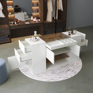 Latitude Run® Modern Luxury Multi-functional Vanity Dresser With Glass Tabletop, Display Shelf,6 ...